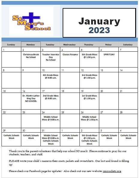 Principal's Activity Calendar | St Marys Catholic School